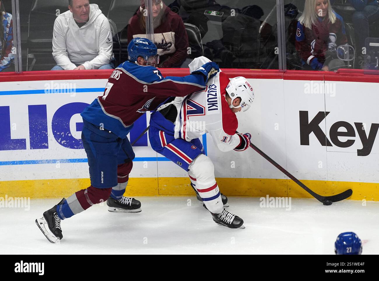 Colorado Avalanche defenseman Devon Toews, left, checks Montreal ...