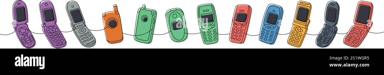 Retro phones one line colored continuous drawing. Flip mobile phones ...
