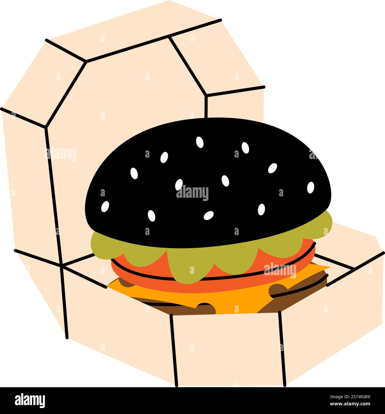 Black hamburger in cardboard box. Traditional American fast food ...
