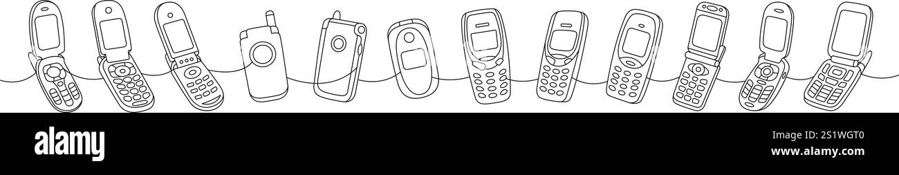 Retro phones one line continuous drawing. Flip mobile phones, smart ...