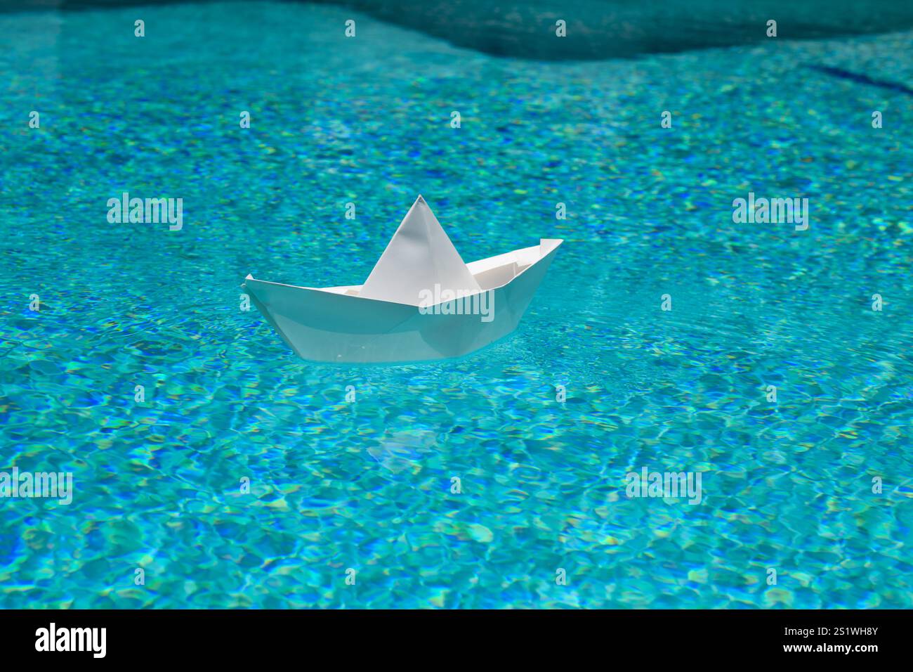 Traveling and sailing adventure. Paper boat sailing on water. Origami ...