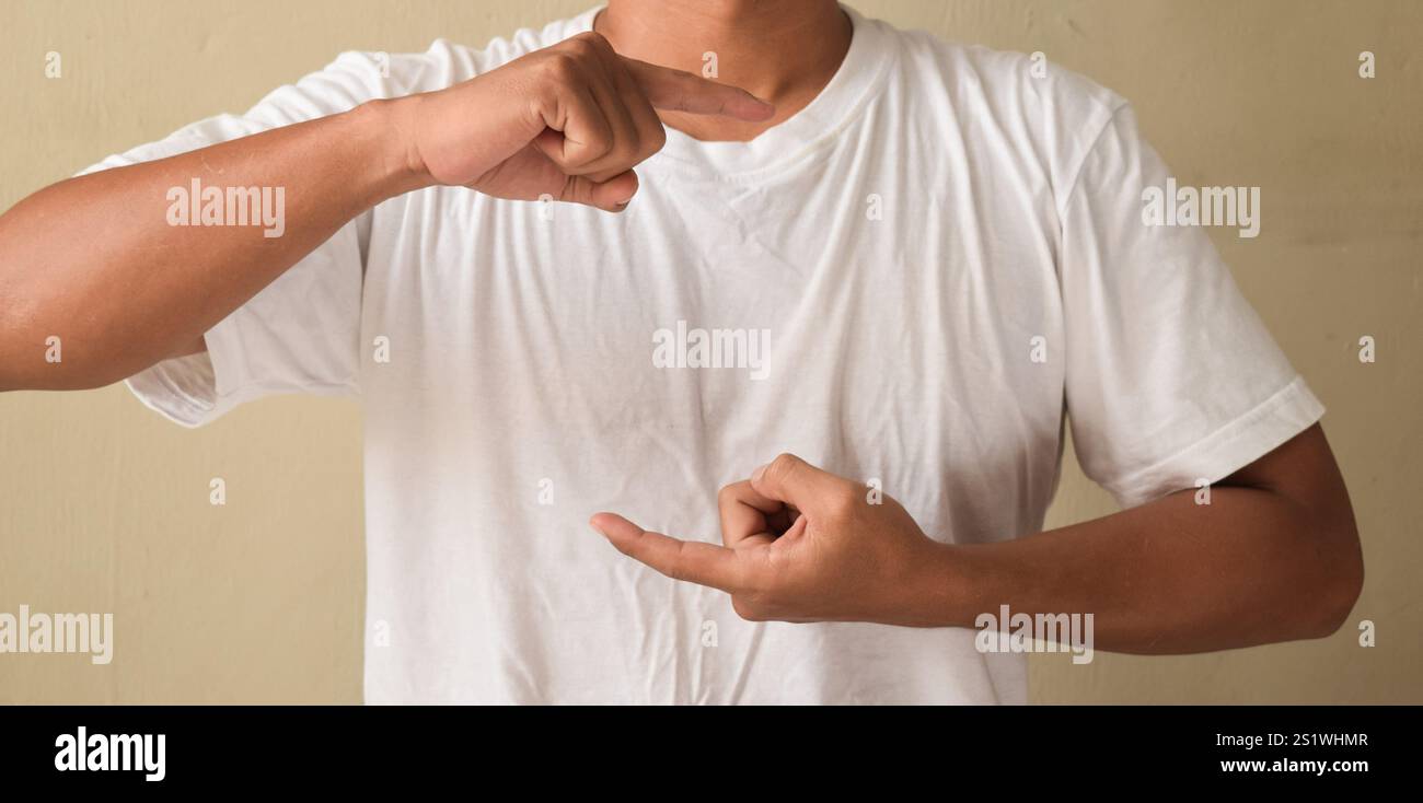 Young man make gesture hand about sign language to teaching to ...