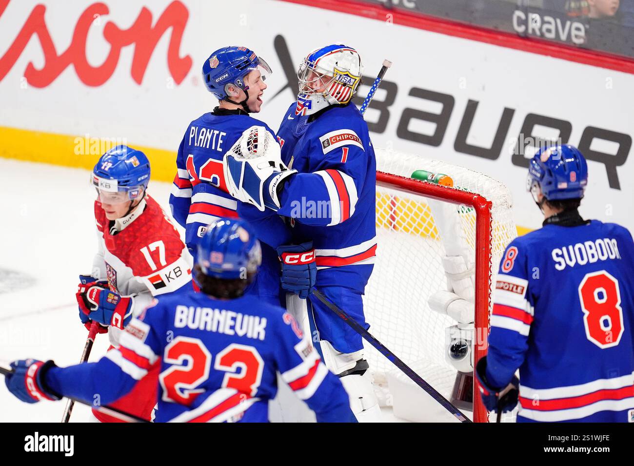 Ottawa, Canada. 04th Jan, 2025. USA forward Max Plante (22) celebrates ...