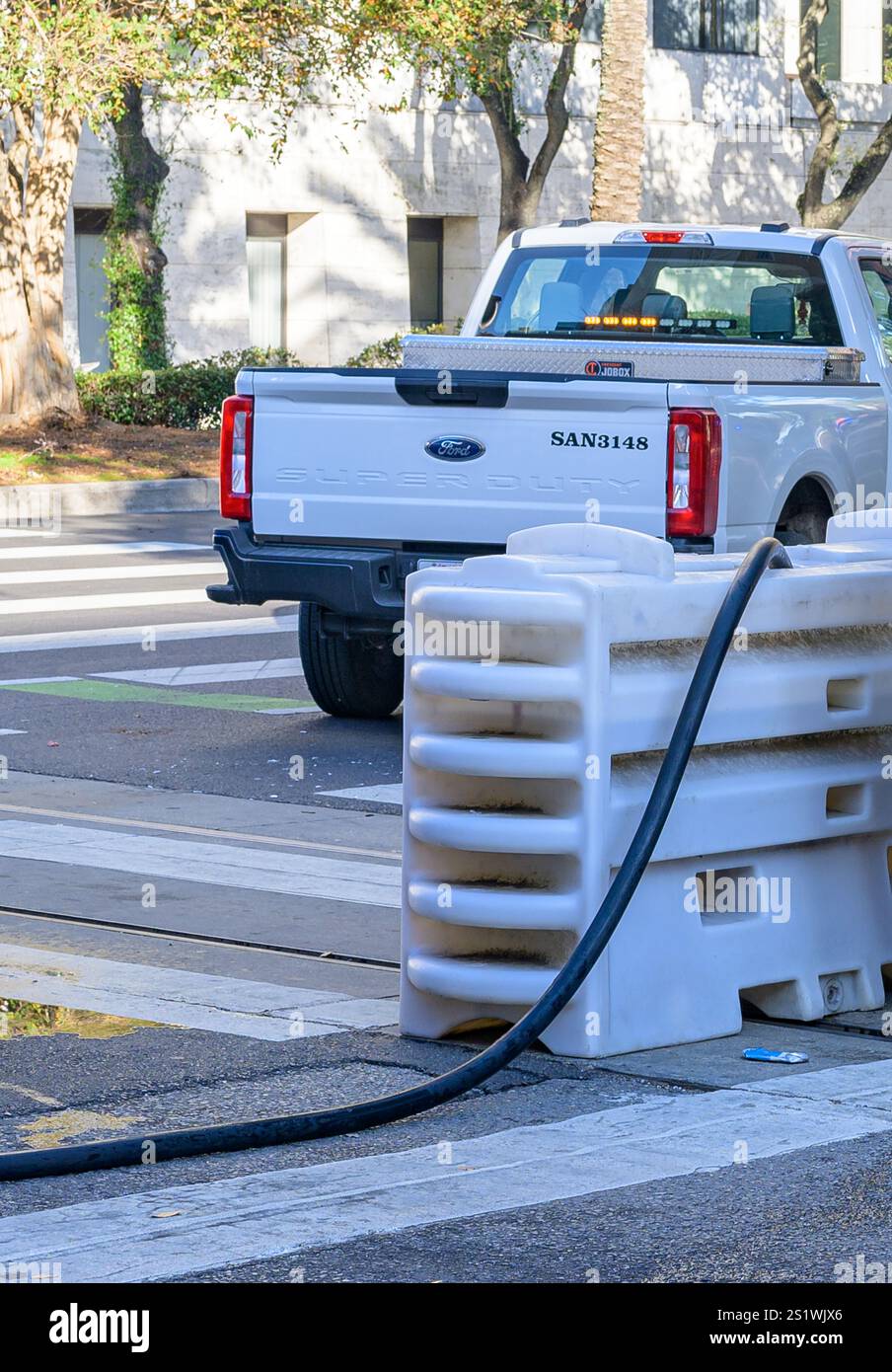 New Orleans, LA, USA - January 2, 2025: Large plastic barriers being ...