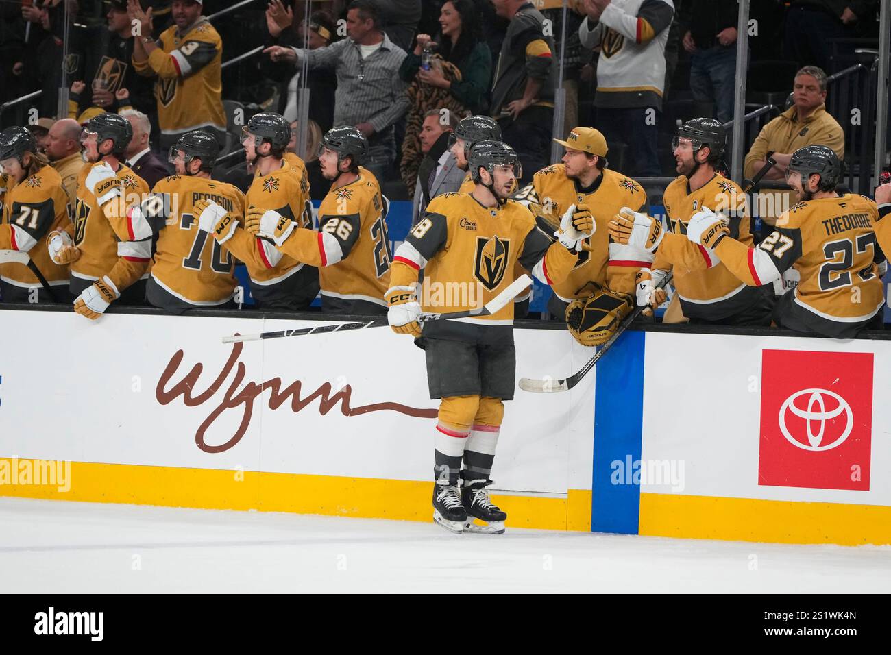Vegas Golden Knights center Tanner Laczynski (28) celebrates with ...