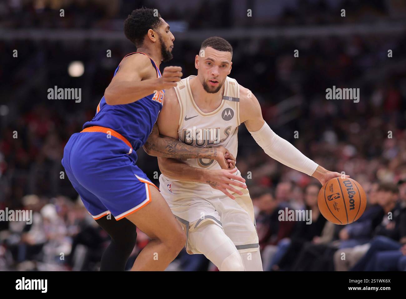 New York Knicks guard Cameron Payne, left, guards Chicago Bulls guard ...