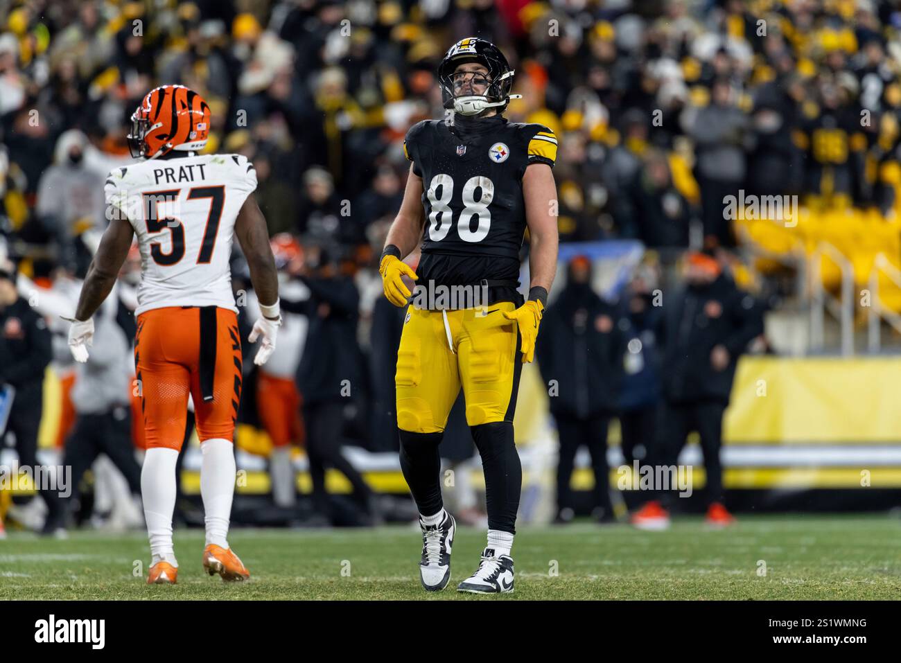 Pittsburgh Steelers tight end Pat Freiermuth (88) looks on after an ...
