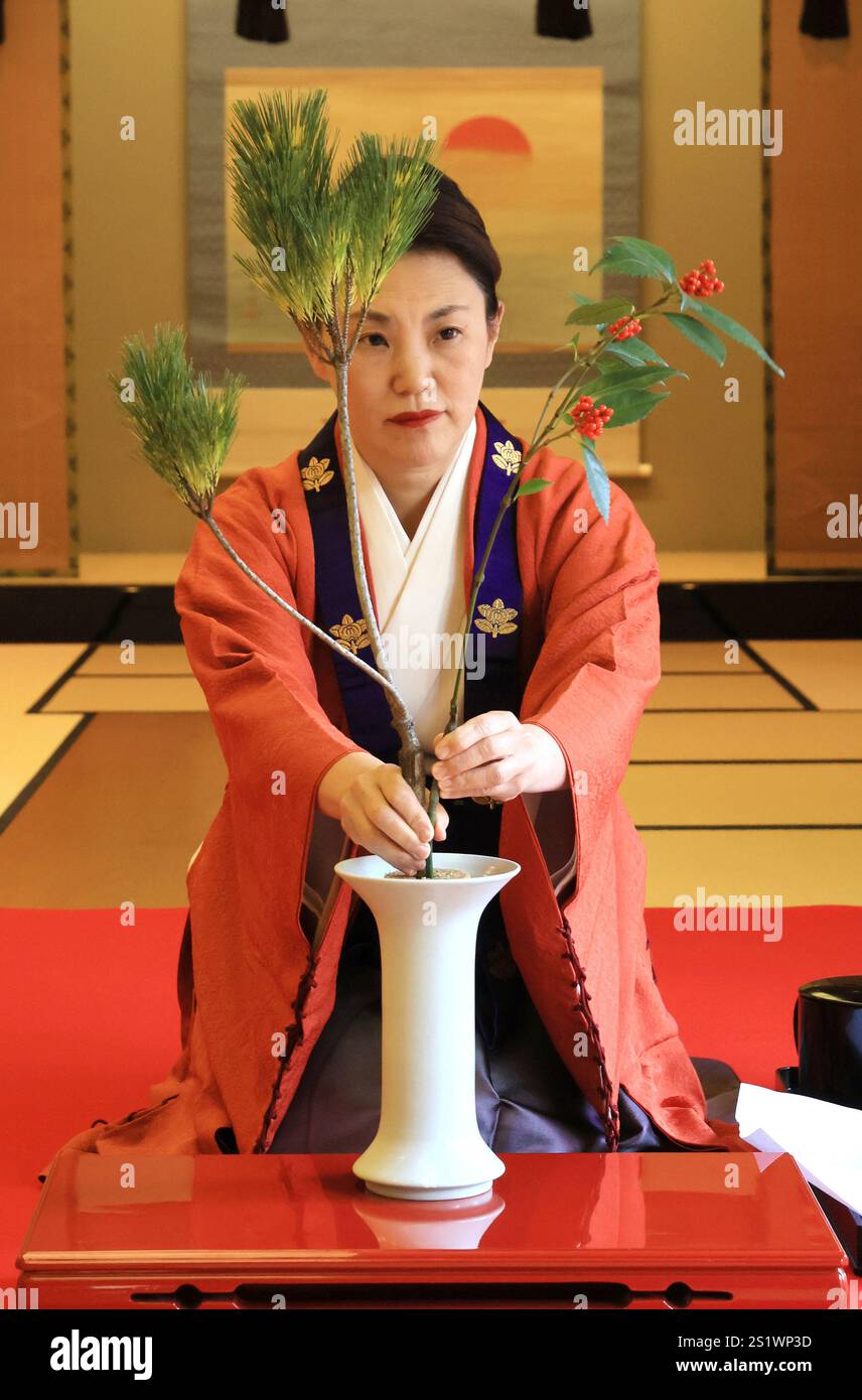 Senko Ikenobo, Headmaster Designate of Ikenobo, performs ikebana arranging at the Ikenobo ...