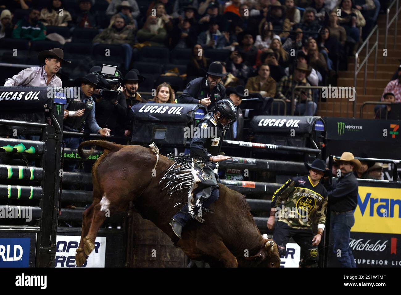New York, USA. 04th Jan, 2025. Luciano De Castro rides during PBR's Unleash The Beast buck off ...