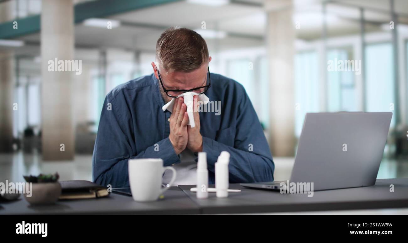 Sick Office Employee Sneezing At Work. Business Executive Stock Photo ...