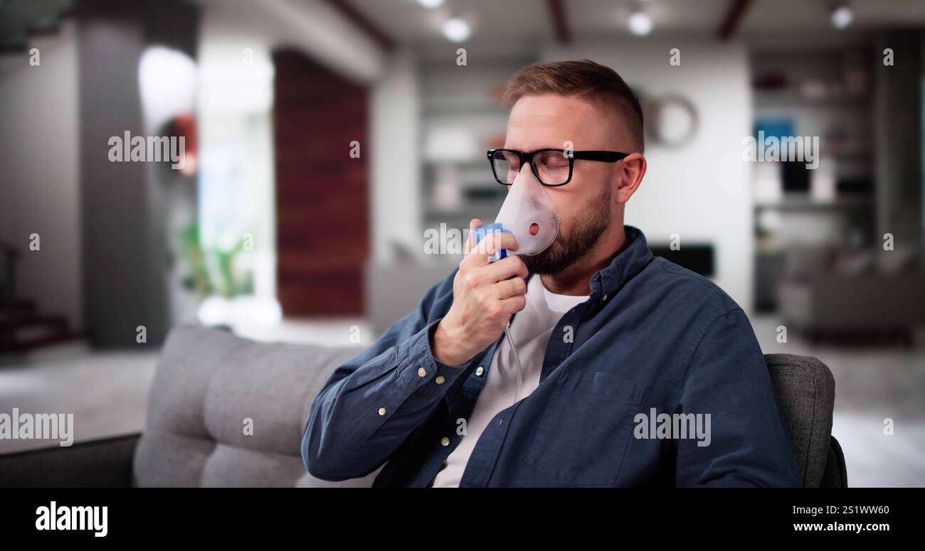 Asthma Patient Breathing Using Oxygen Mask And COPD Nebulizer Stock ...