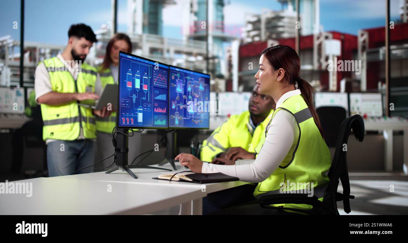 Oil And Gas Industry. Engineering Using Computers At Refinery Stock ...