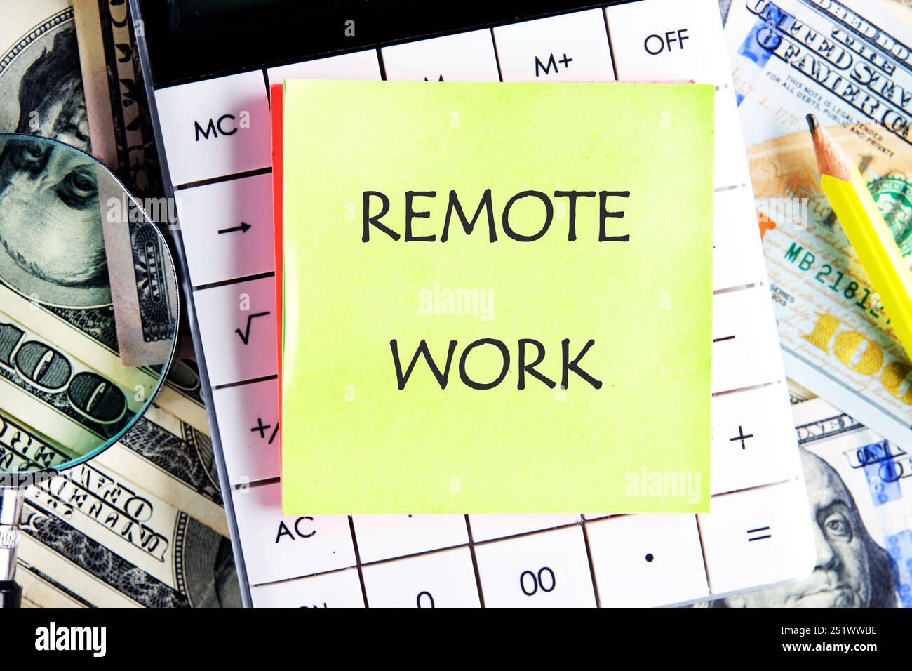 A notepad displays a sticky note labeled 'remote work' surrounded by ...