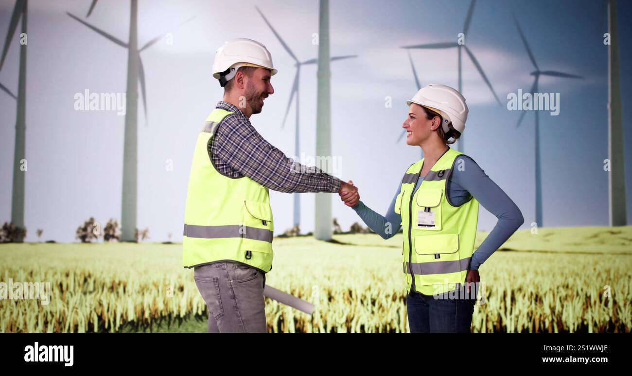 Wind Engineers Shaking Hands. Sustainable Windmill Power Team Work ...