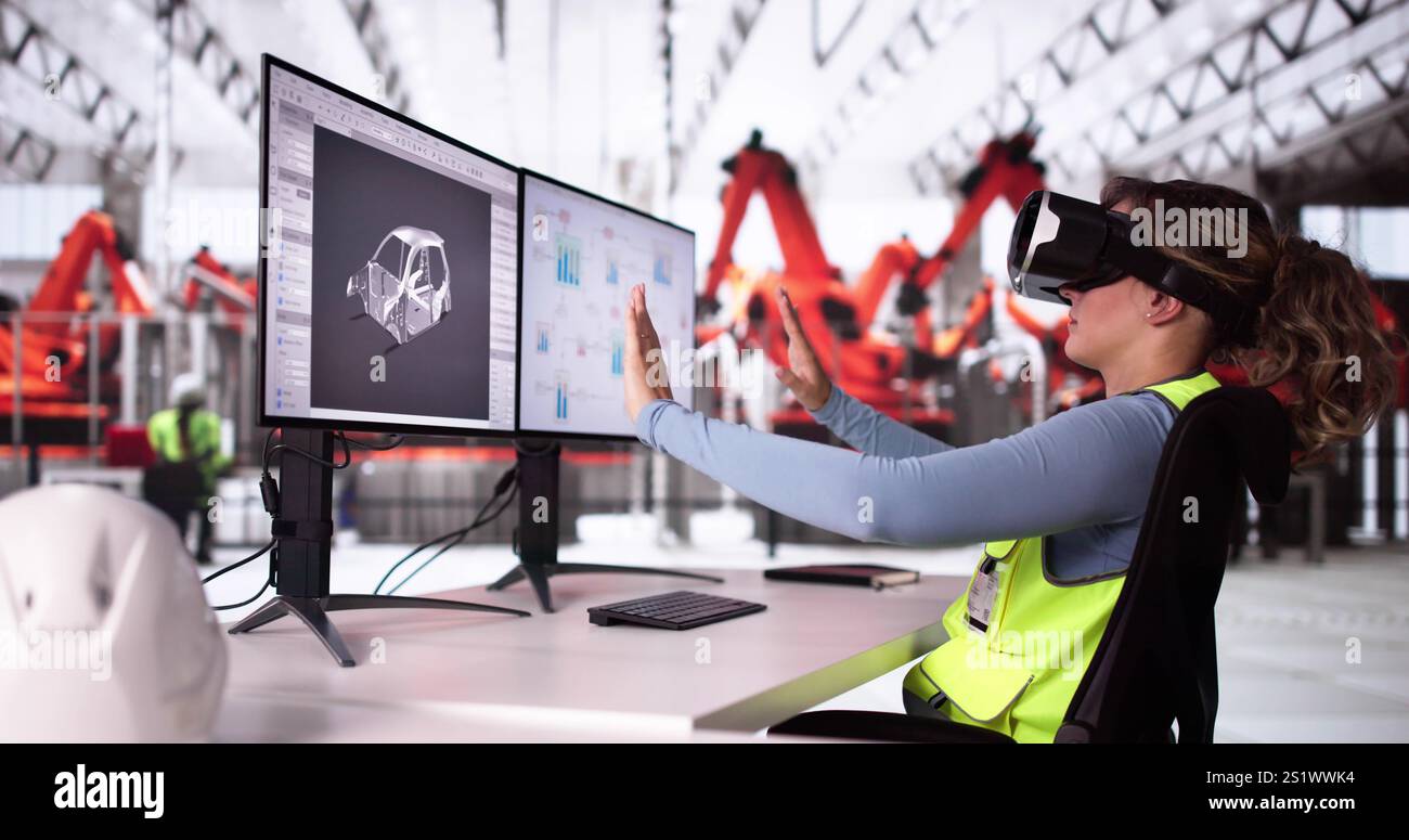 Virtual Reality Headset And Industrial Car Factory. VR Technology Stock ...