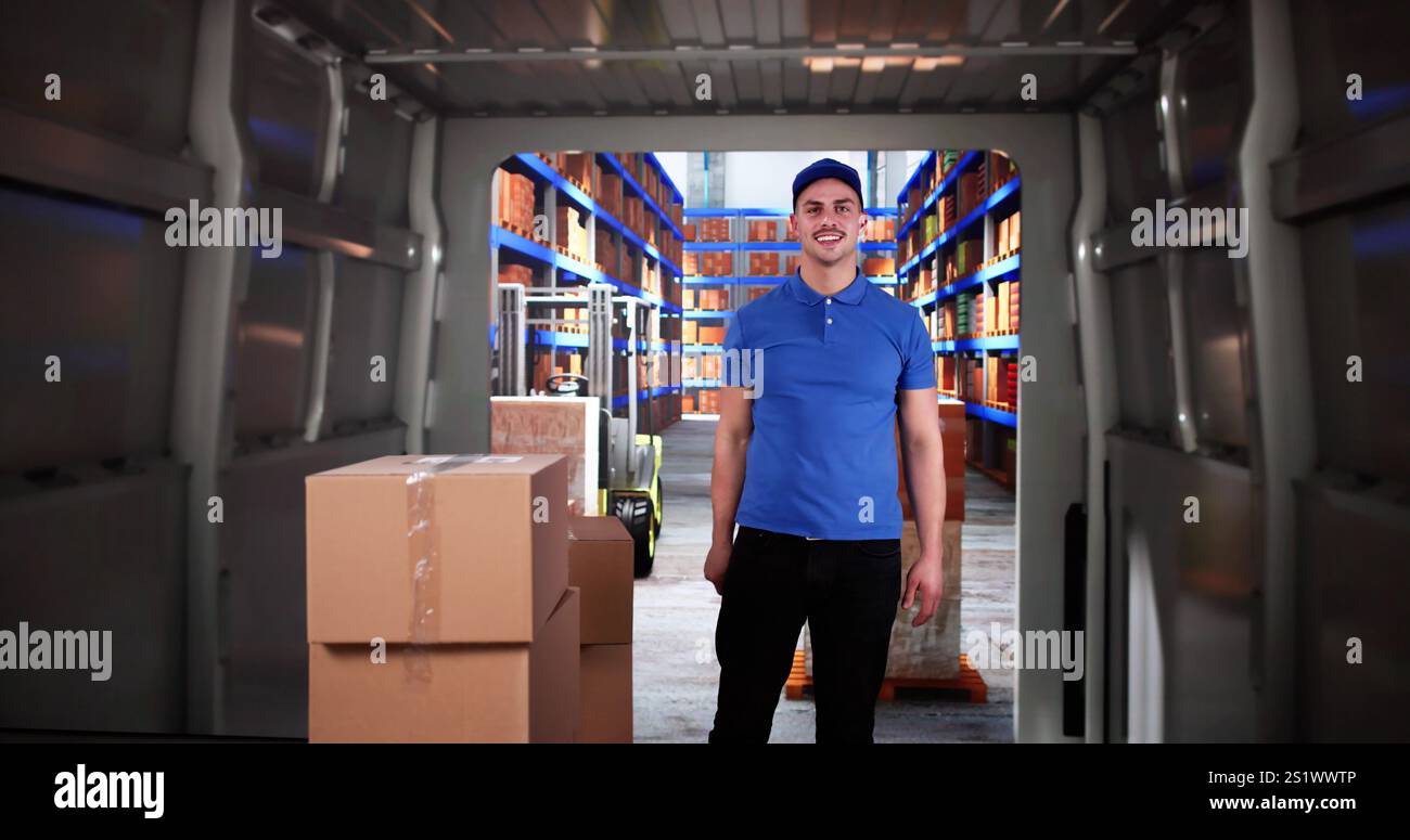 Delivery Man Loading Van In Logistics Warehouse Stock Photo - Alamy