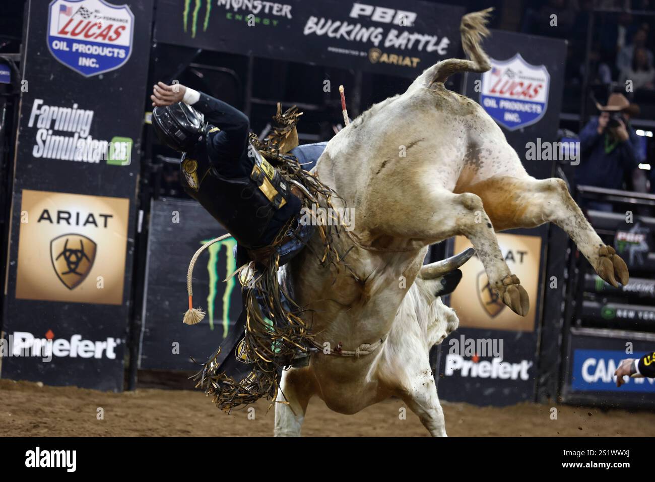 New York, USA. 04th Jan, 2025. Sandro Batista rides during PBR's Unleash The Beast buck off ...
