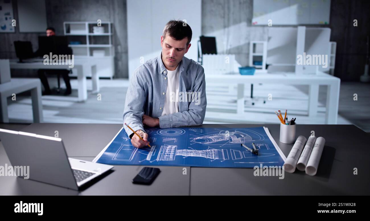 Design Industry And Development. Machine Blueprint At Factory. Scheme ...