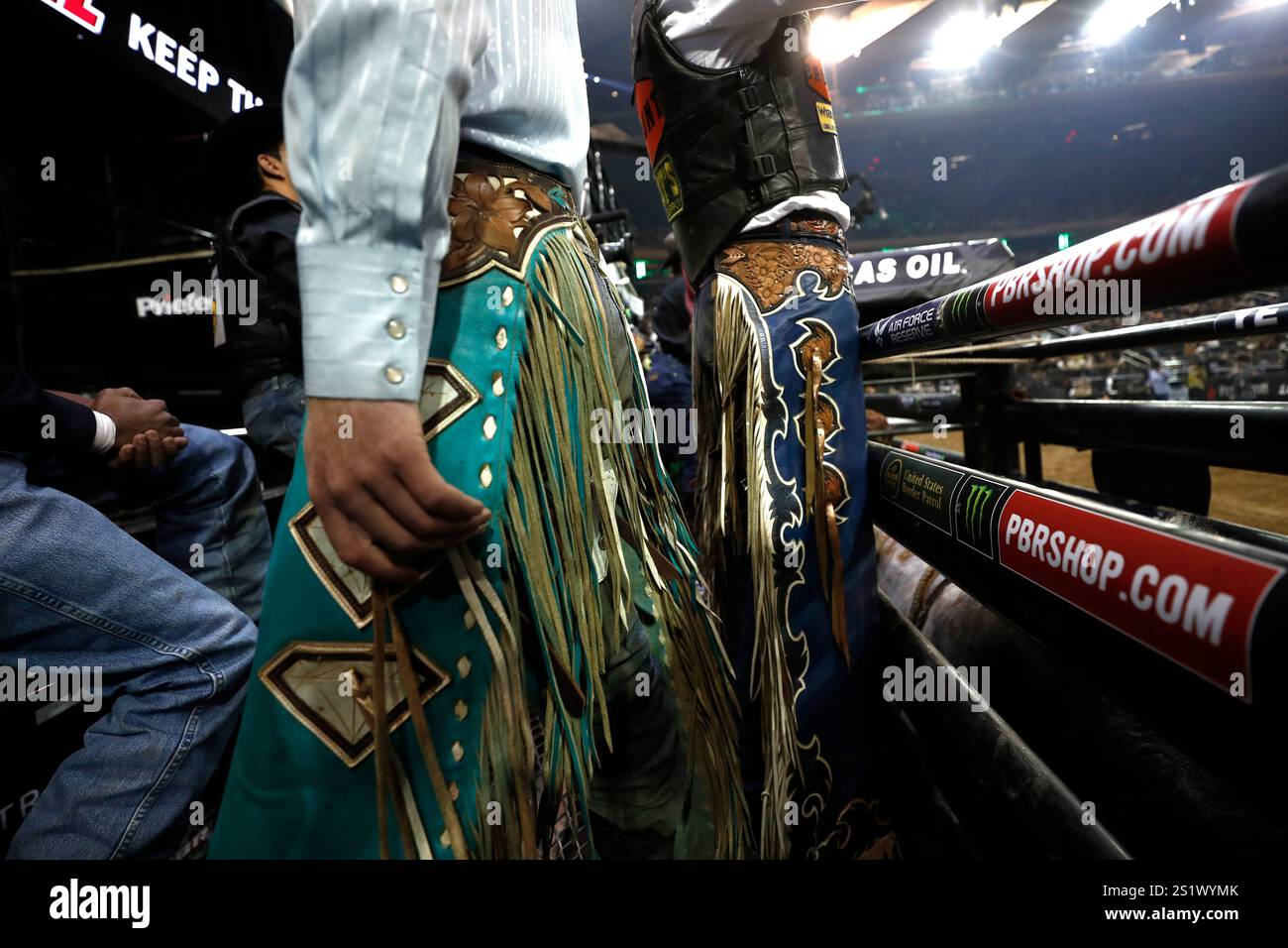 New York, USA. 04th Jan, 2025. Riders look on, chaps detail during PBR's Unleash The Beast buck ...