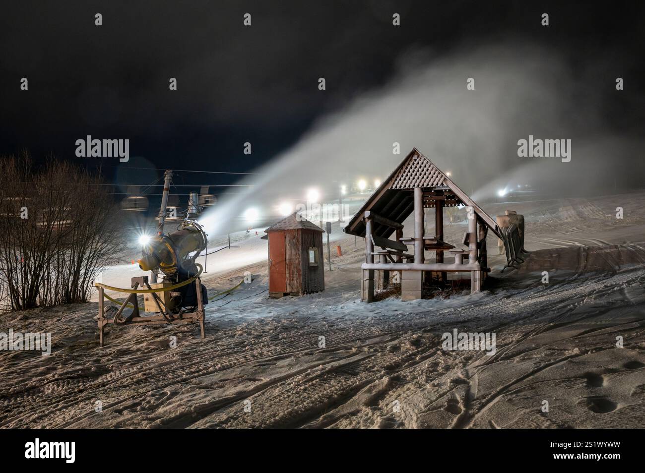 Snow Gun Making Snow At Night On The Ski Slope. Snow Making System At ...