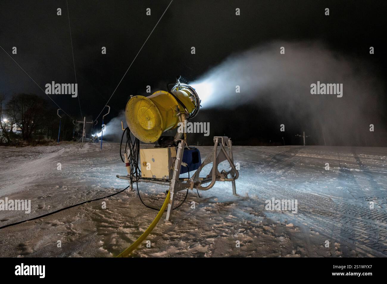 Snow Gun Making Snow At Night On The Ski Slope. Snow Making System At ...