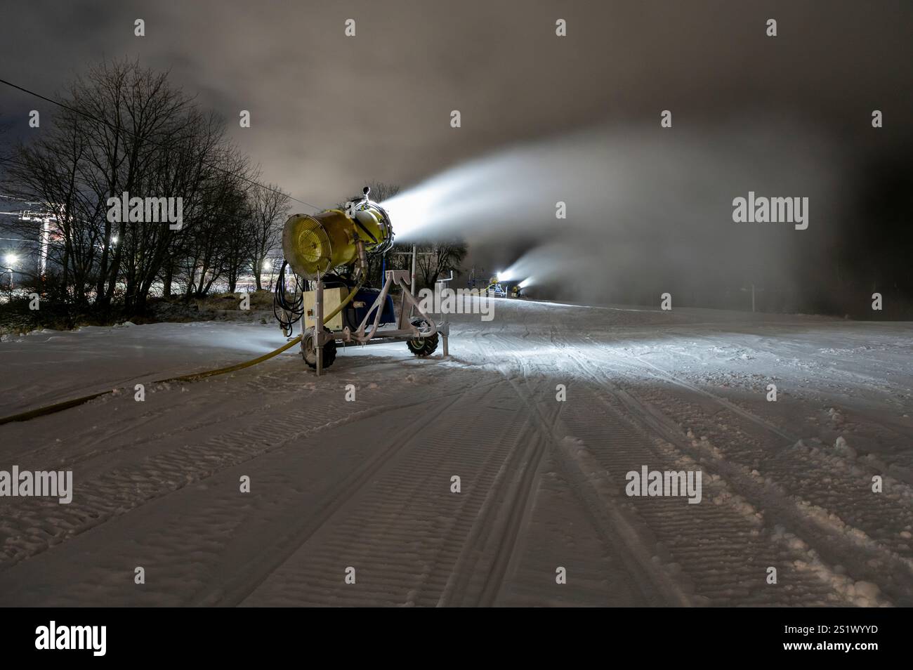 Snow Gun Making Snow At Night On The Ski Slope. Snow Making System At ...