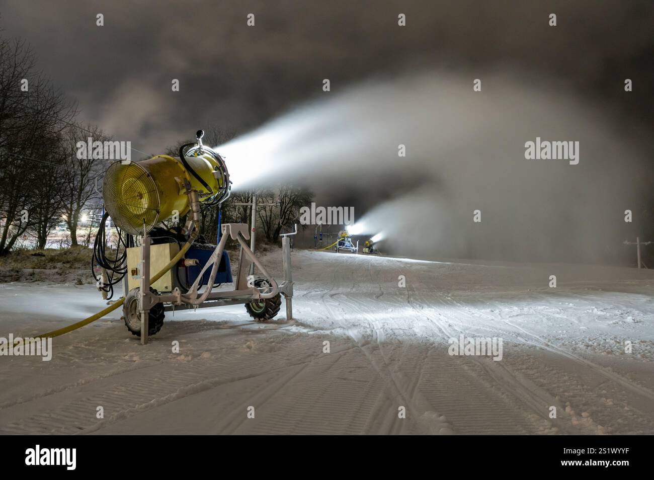 Snow Gun Making Snow At Night On The Ski Slope. Snow Making System At ...