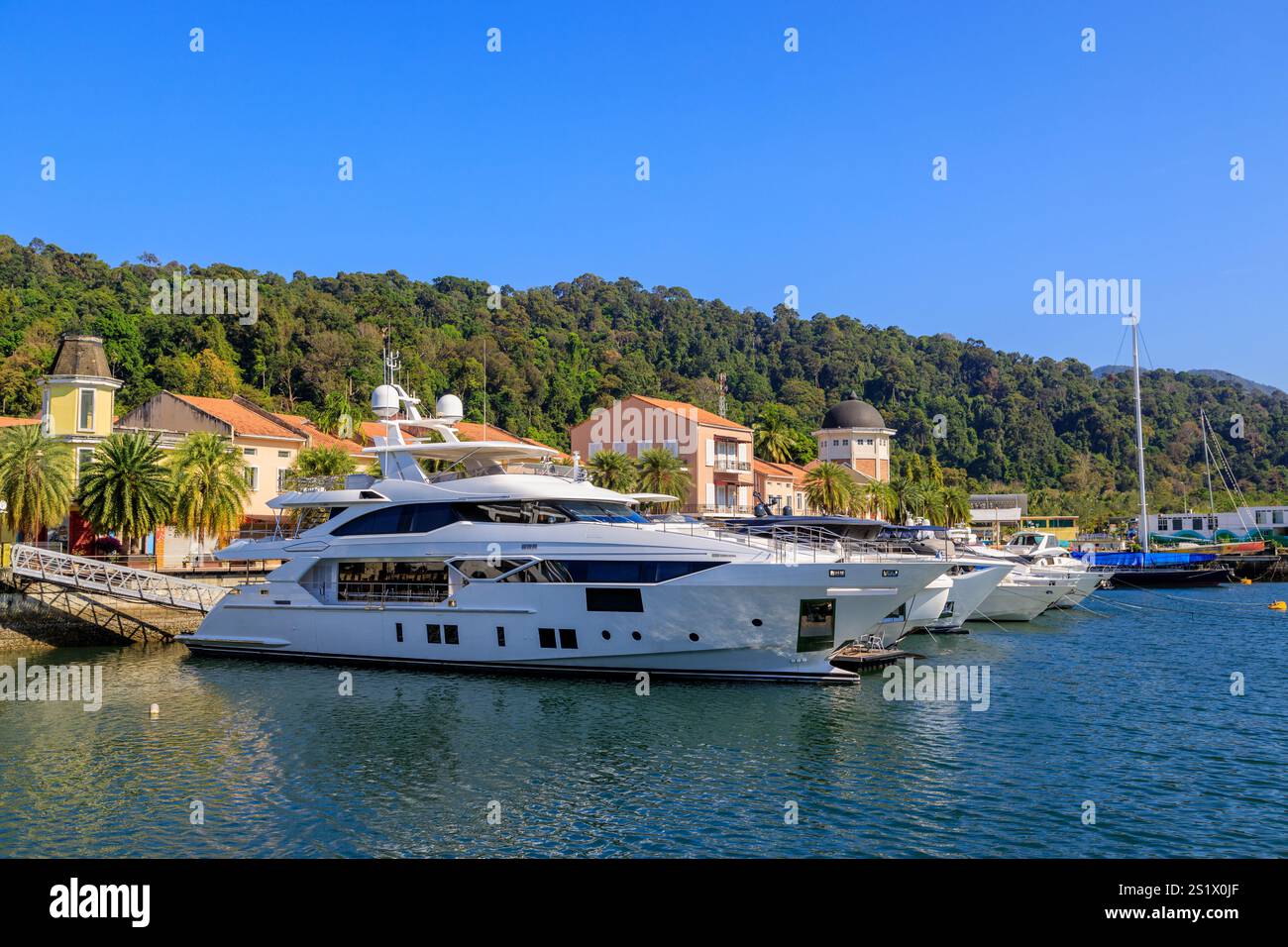 View of sailboats, boats and luxury yacht in Telaga Harbor and Perdana ...