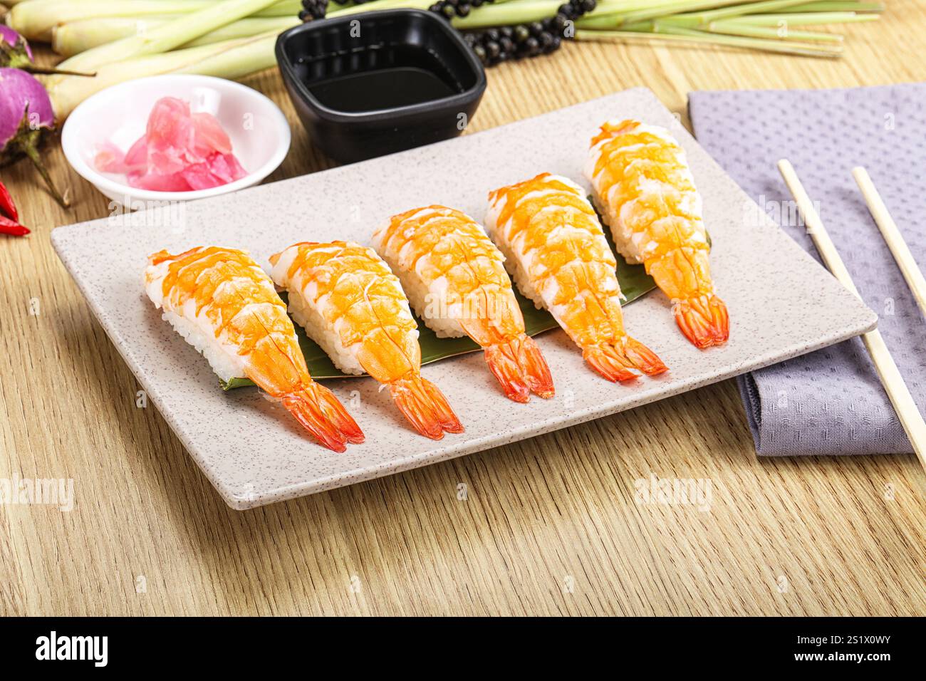 Japanese cuisine - sushi nigiri with prawn Stock Photo - Alamy