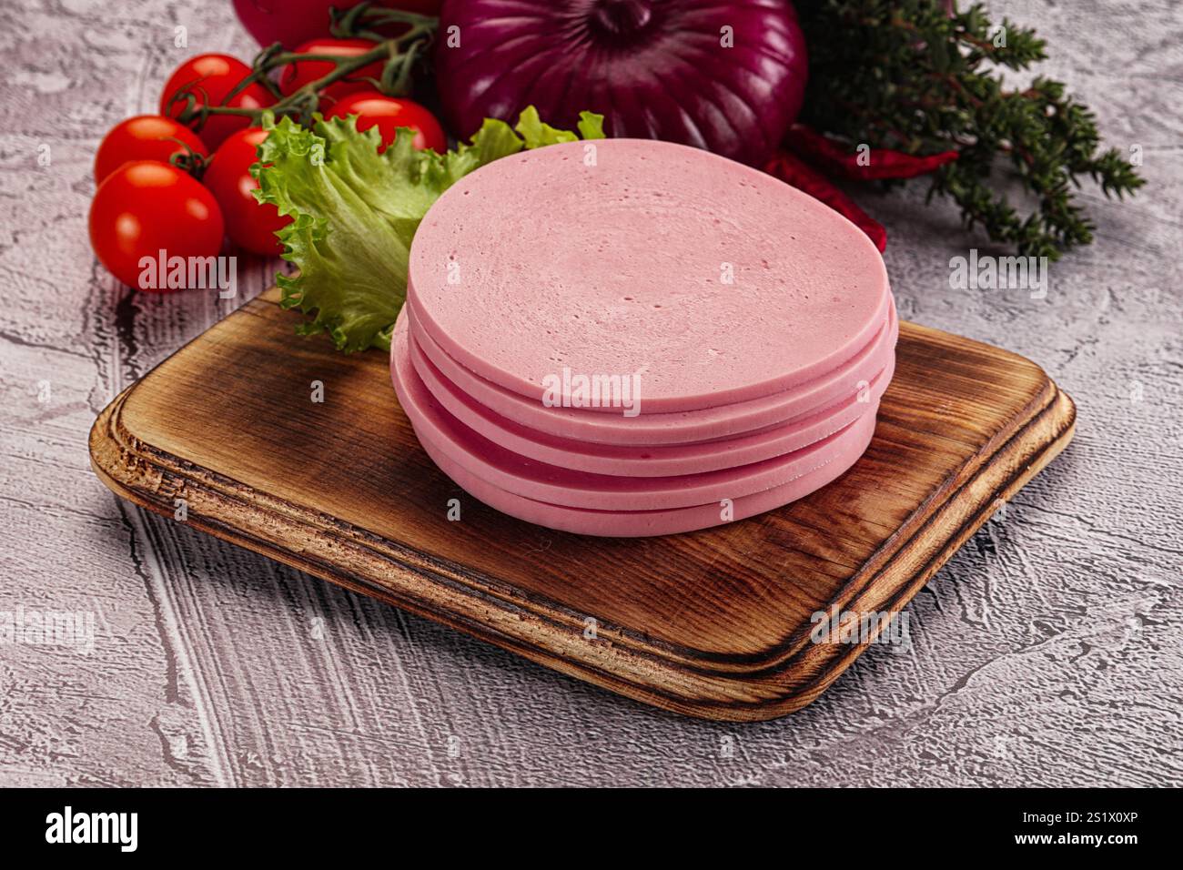 Boiled pork sliced sausage stack for breakfast Stock Photo - Alamy