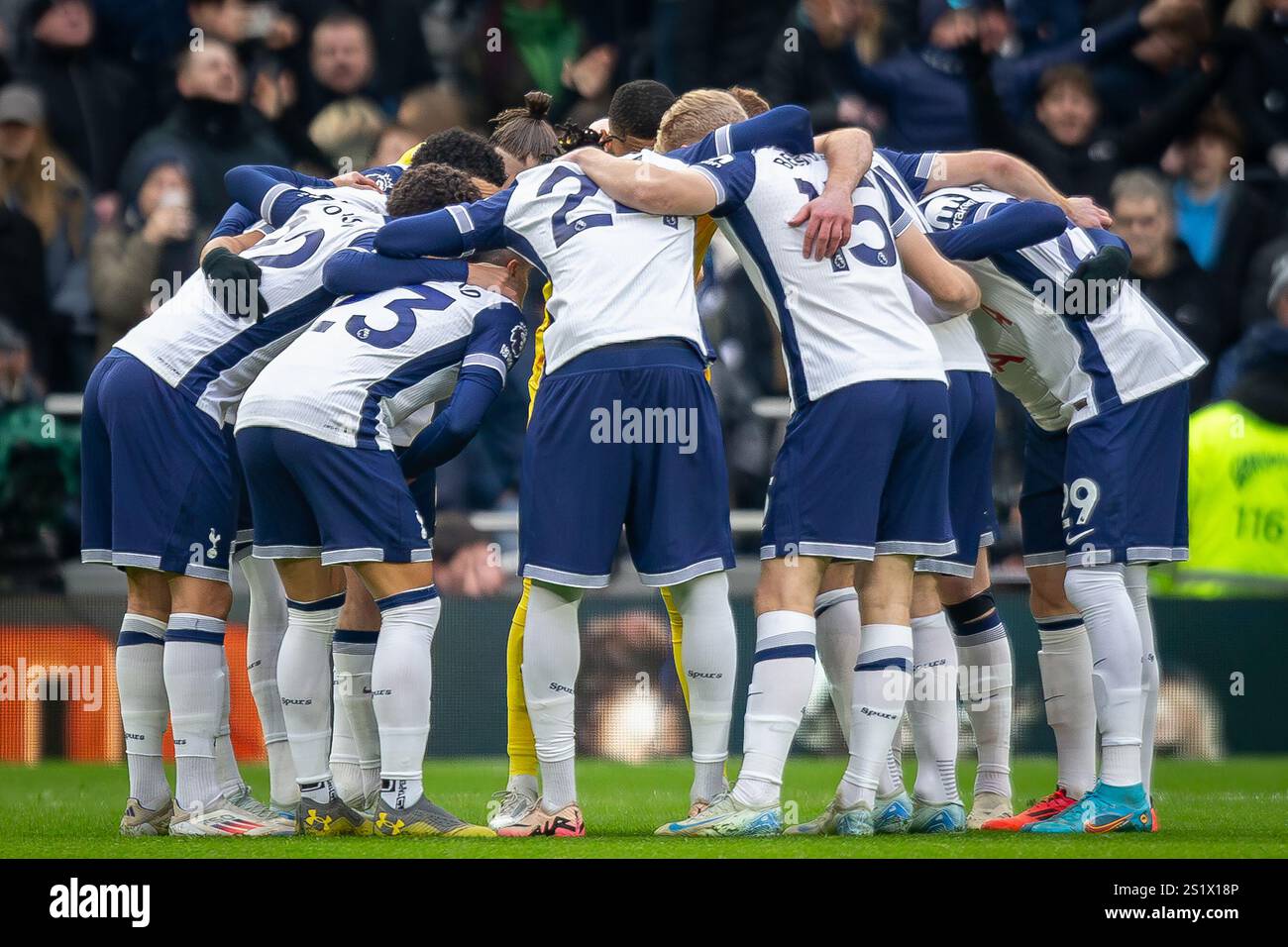 London, UK. 4th Jan, 2025. Tottenham Hotspur players huddle before the Premier League match at ...