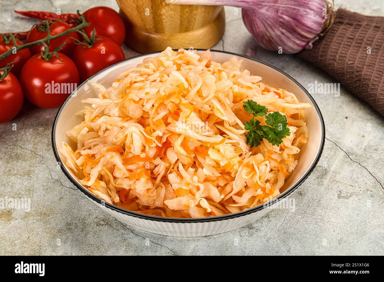 Homemade Fermented pickled cabbage sauerkraut with carrot Stock Photo ...