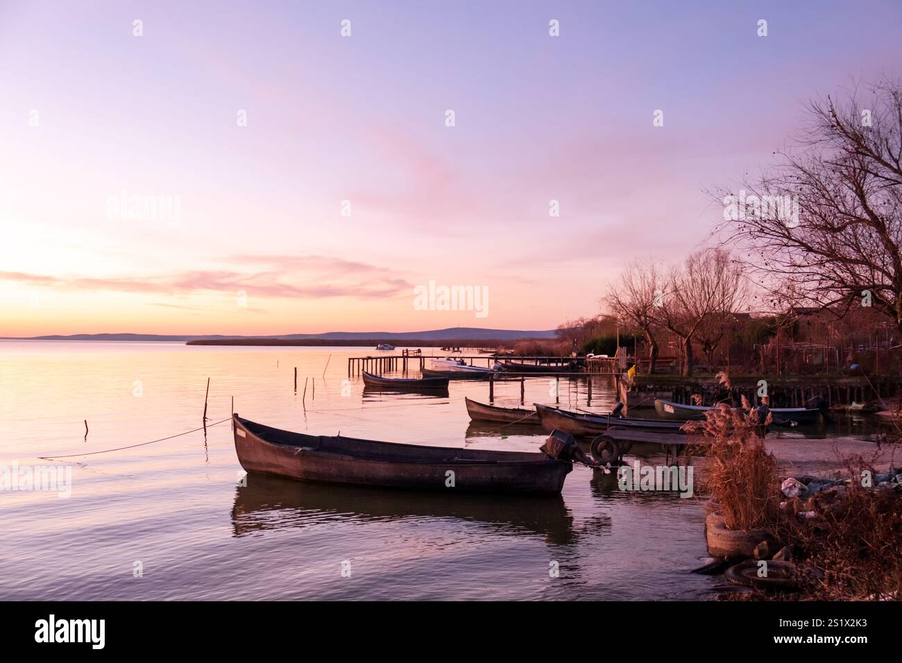 Winter morning on Razim saltwater lake in the traditional fishing ...