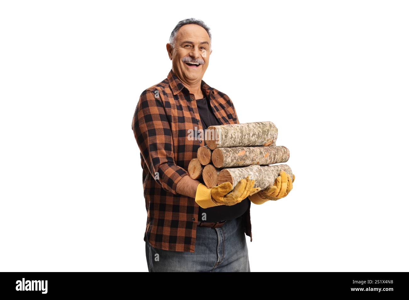 Mature man holding a pile of timber, wood for heating isolated on white ...