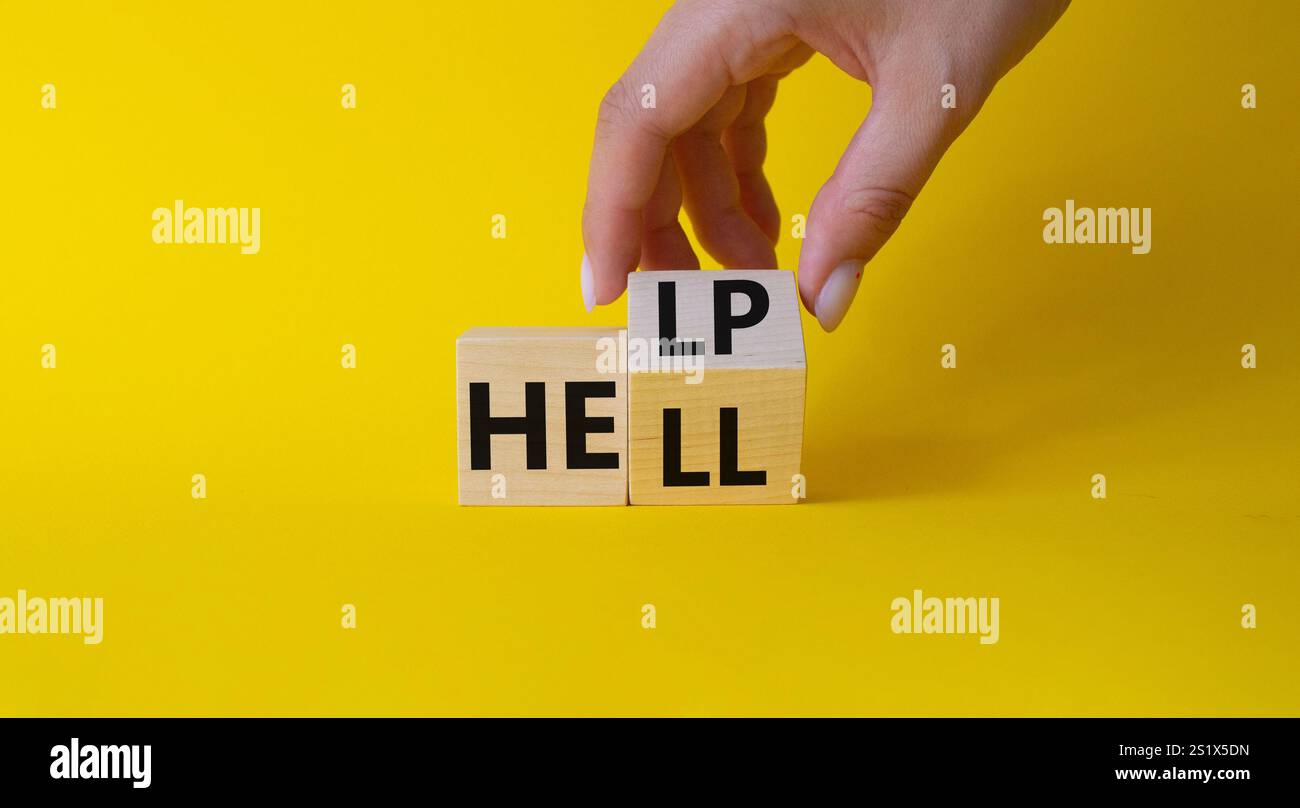Help vs Hell symbol. Businessman hand Turnes cube and changes word Hell ...