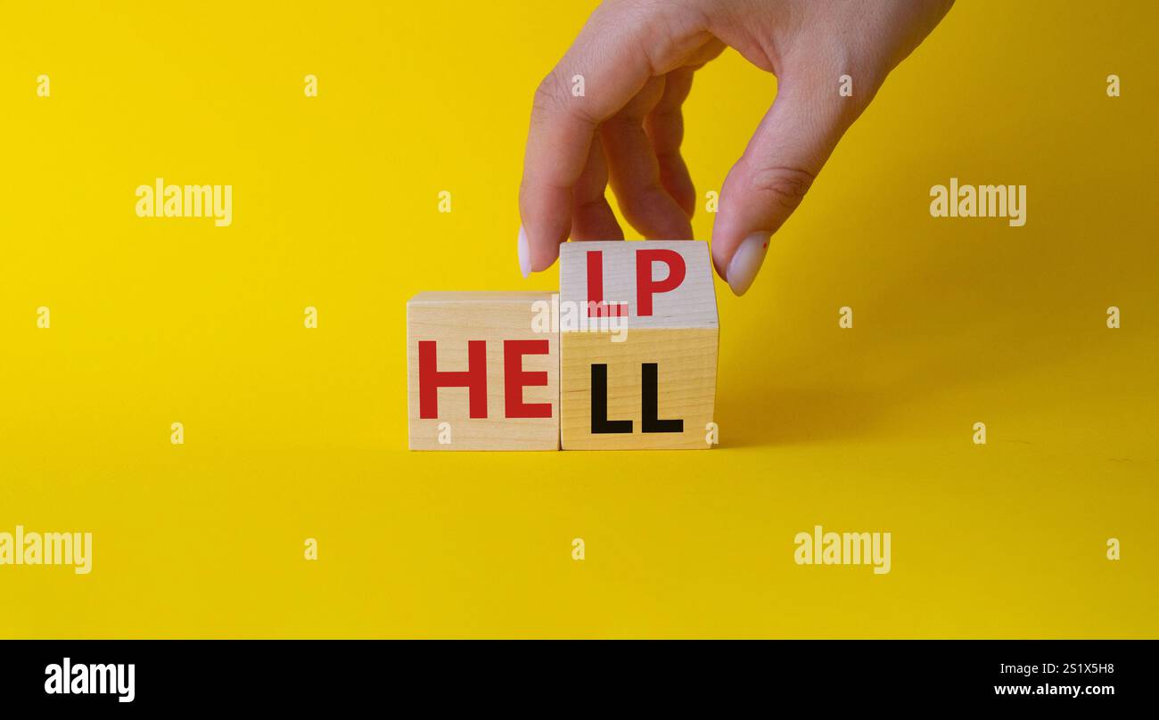 Help vs Hell symbol. Businessman hand Turnes cube and changes word Hell ...