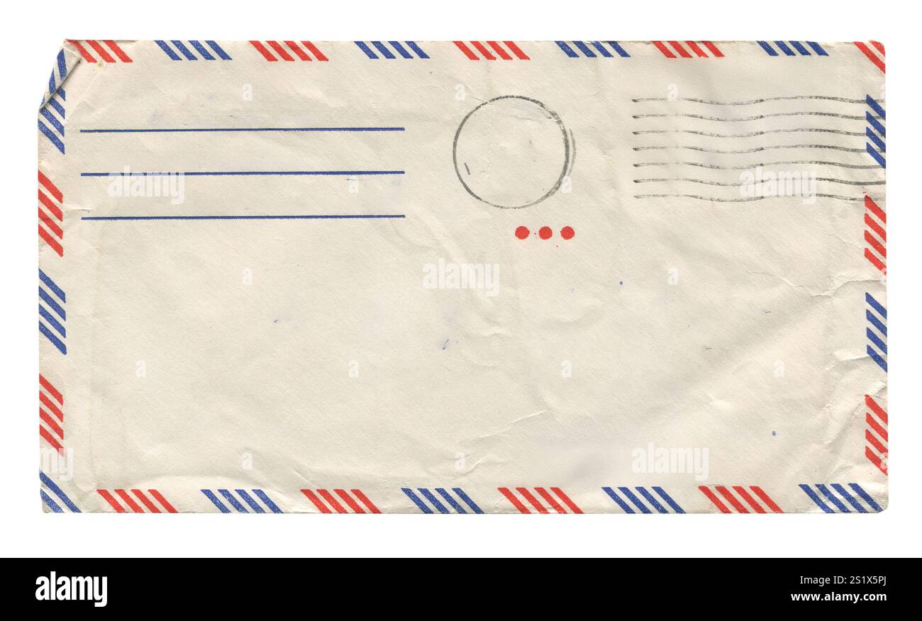 back view of old closed aged airmail DL envelope with faded stamp marks ...