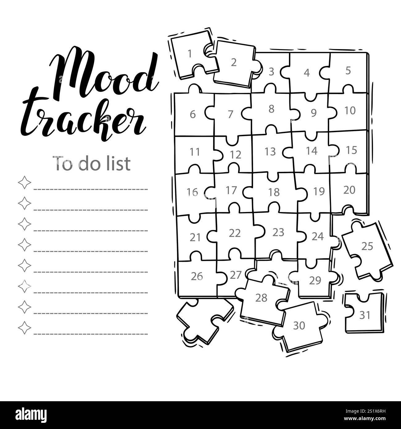 Mood tracker blank with hand drawn lettering and floral sketch. Bullet ...
