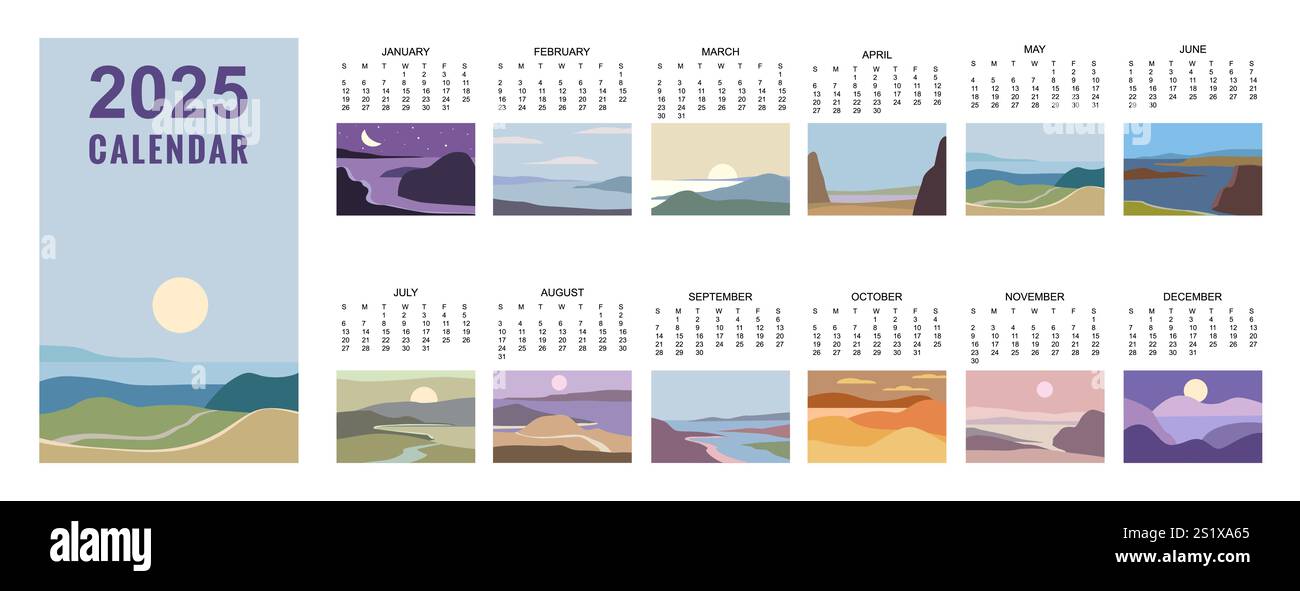 Monthly 2025 Calendar landscape natural background Stock Vector Image ...