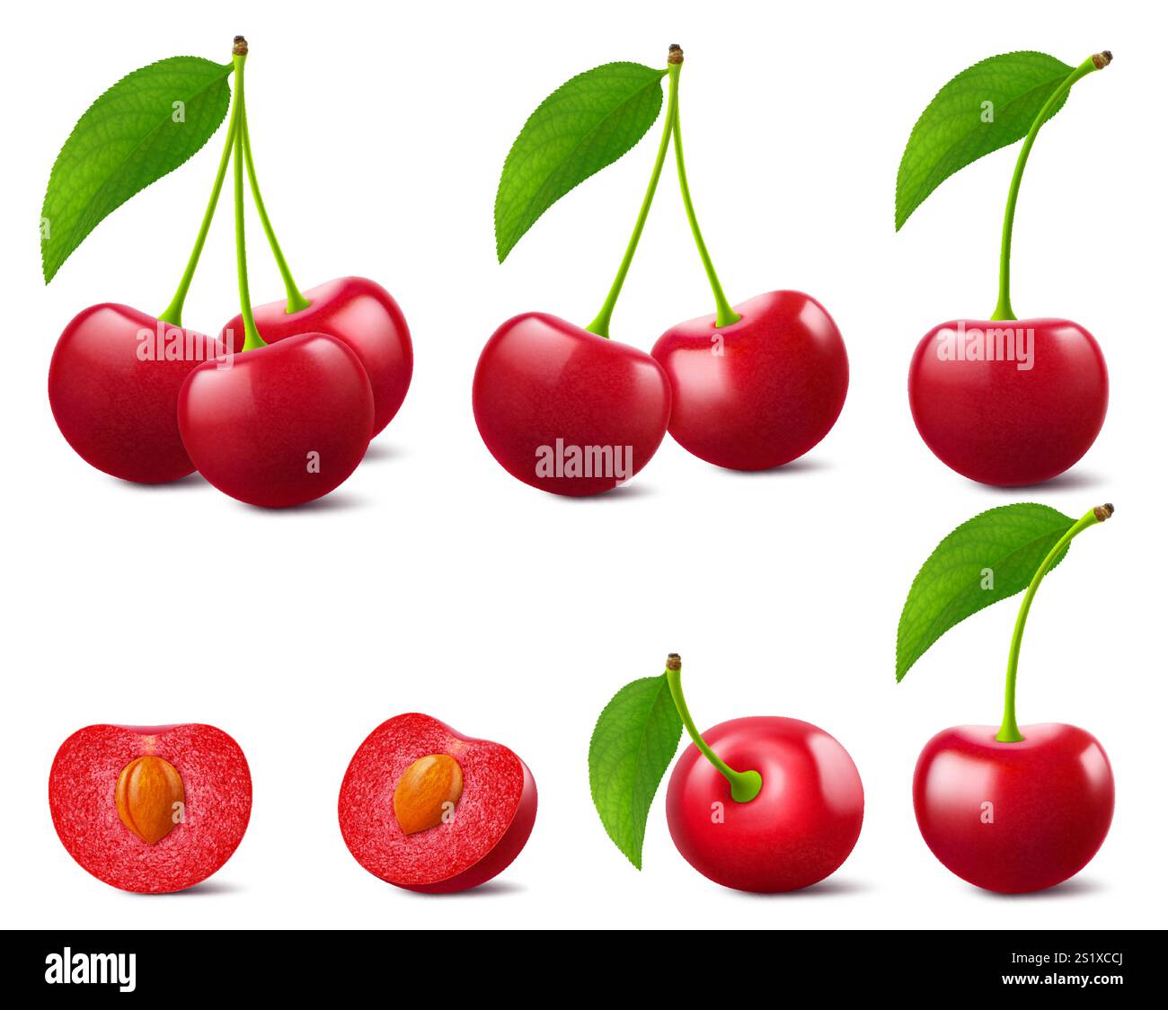 Ripe cherries with leaves isolated on a white background. Whole red ...