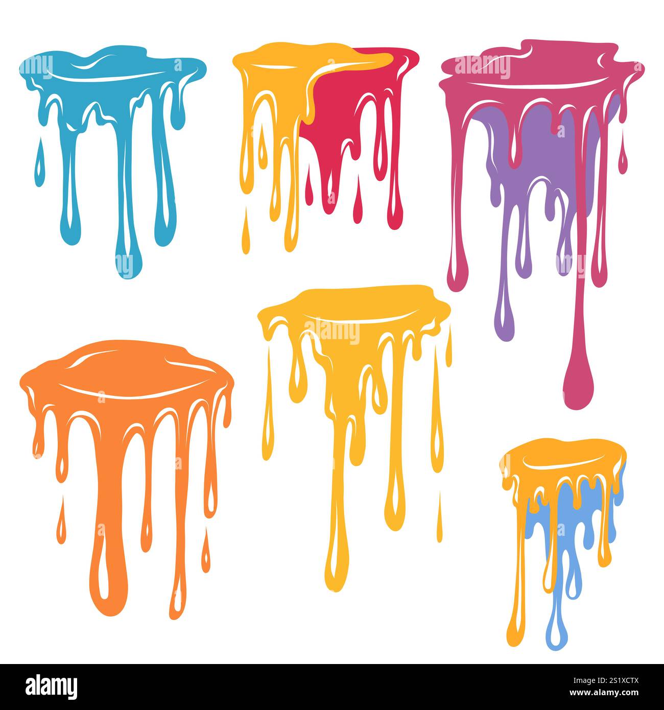 Vector set of colorful paint drops with flowing down drops in cartoon ...