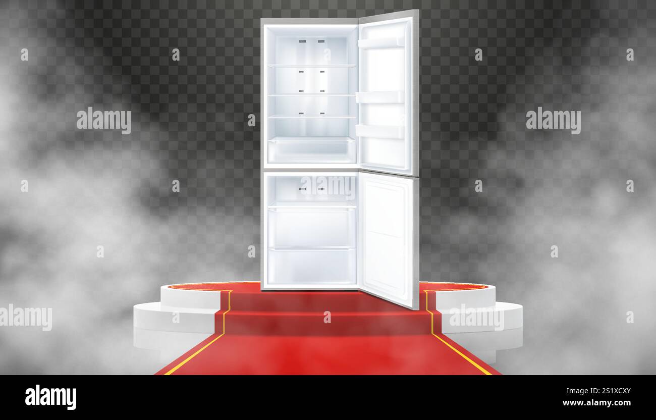 Illuminated podium or pedestal with red path and refrigerator ...