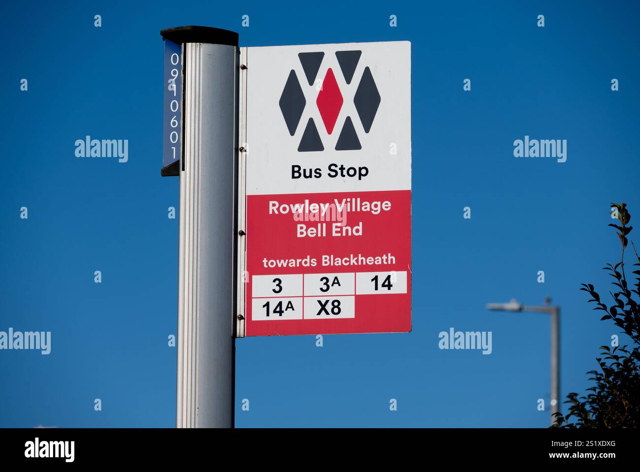 Rowley Village/Bell End bus stop sign, Rowley Regis, West Midlands ...
