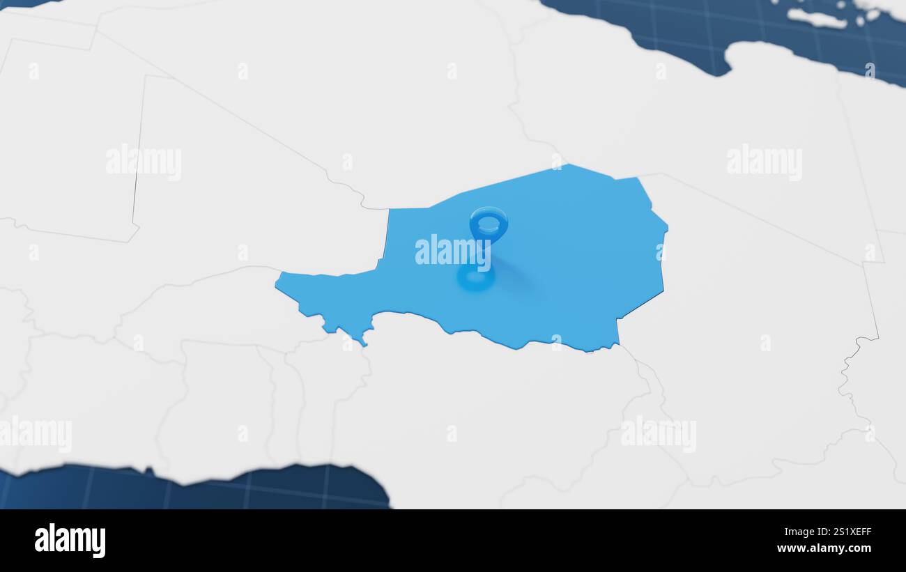 Blue Niger 3d map with pointer pin surrounded with other countries in ...