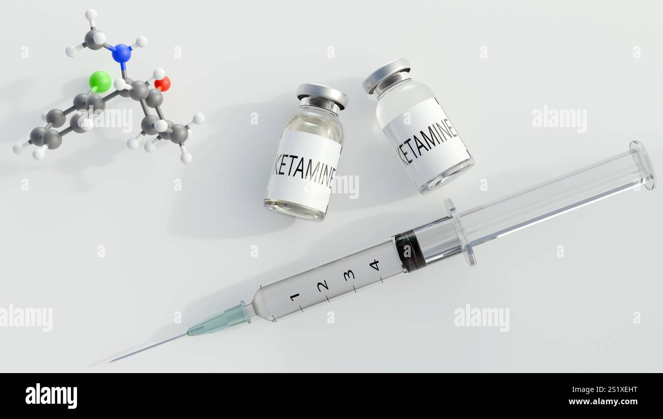 a 3d rendering of ball-and-stick model of the ketamine molecule, glass ...