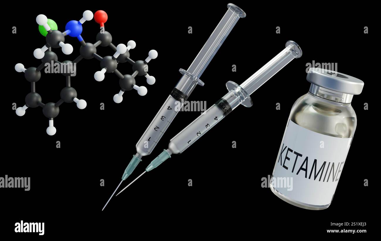 a 3d rendering of ball-and-stick model of the ketamine molecule, glass ...