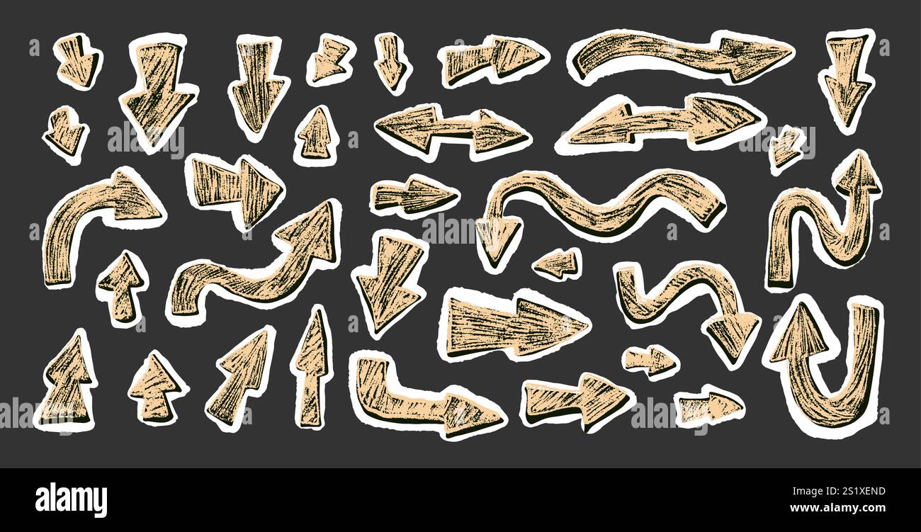 Arrow collage set crayon drawing Pointers isolated. Navigation marks ...