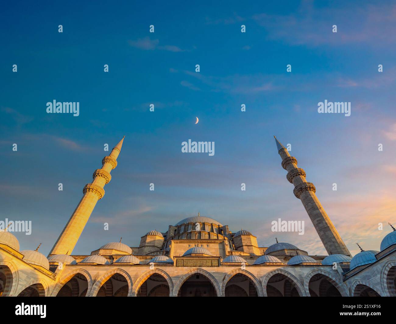 Mosque at sunset and crescent moon. Ramadan or islamic background image ...