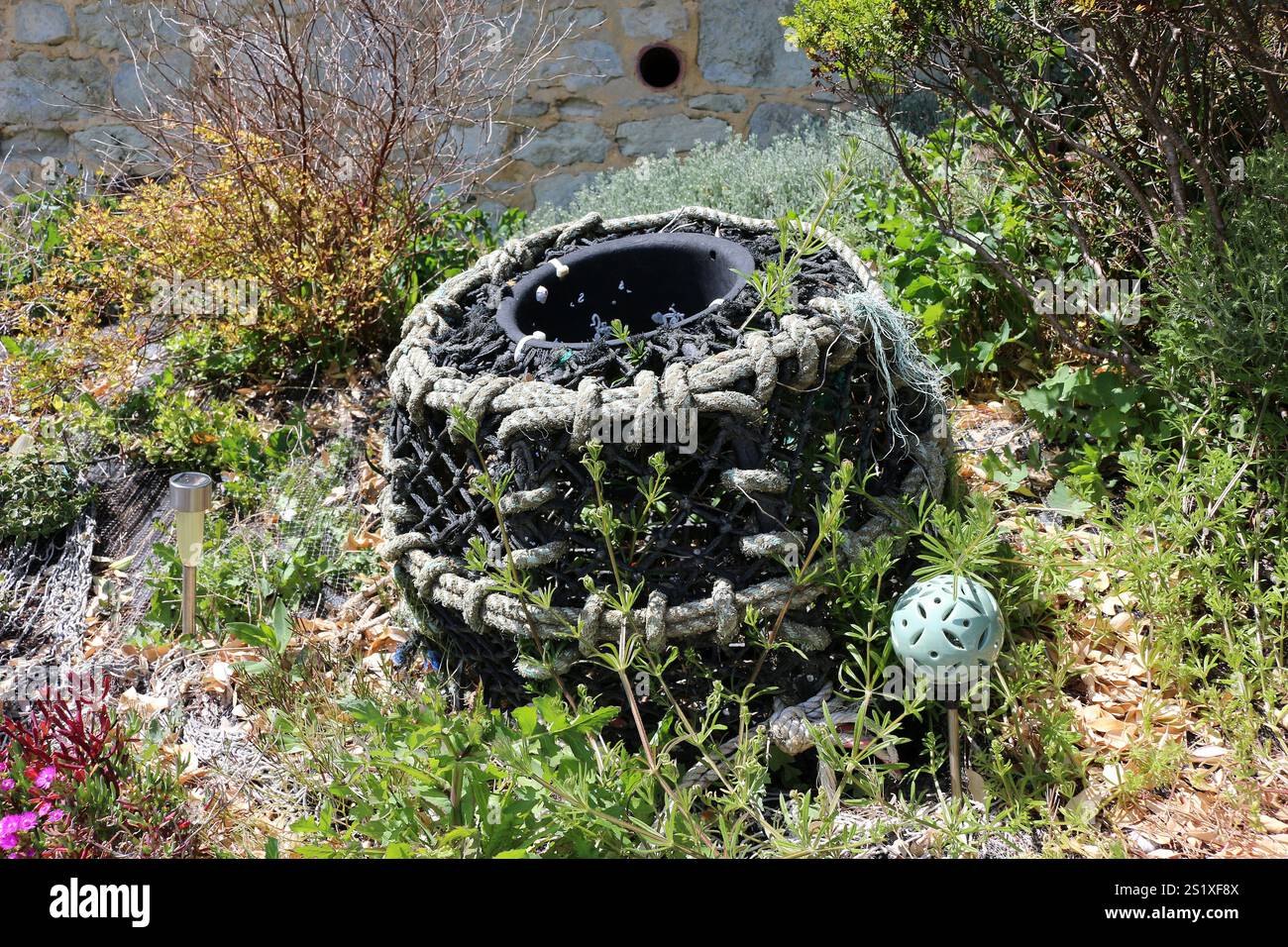 Weathered lobster trap, or pot, repurposed as a garden decoration Stock ...
