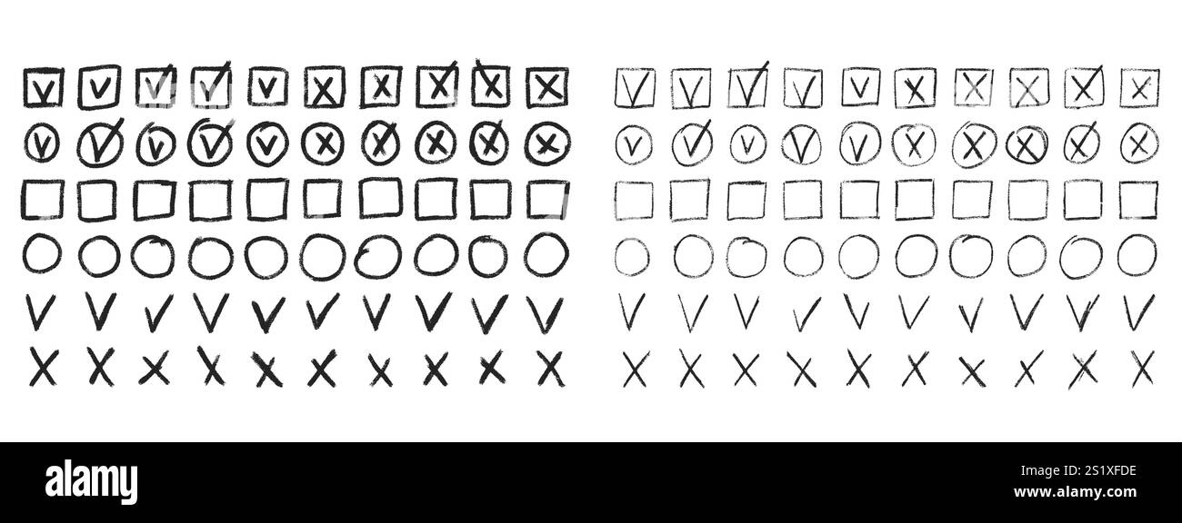 Set of checkboxes. Tick and check marks pack. Cross and v sign pencil drawn. Correct and wrong ...